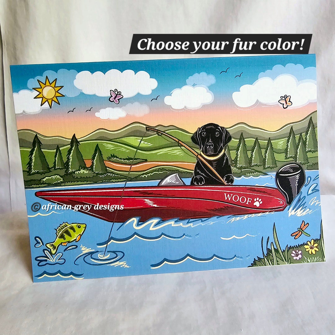 Fishing Black Labrador Retriever Greeting Card - Bass Boat - Etsy