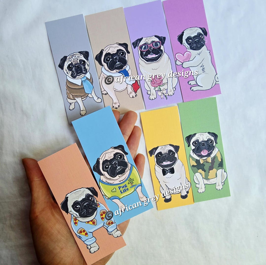 Mini Pug Bookmarks - Choose Your Fur Color - Eco-friendly Set of 8 ...