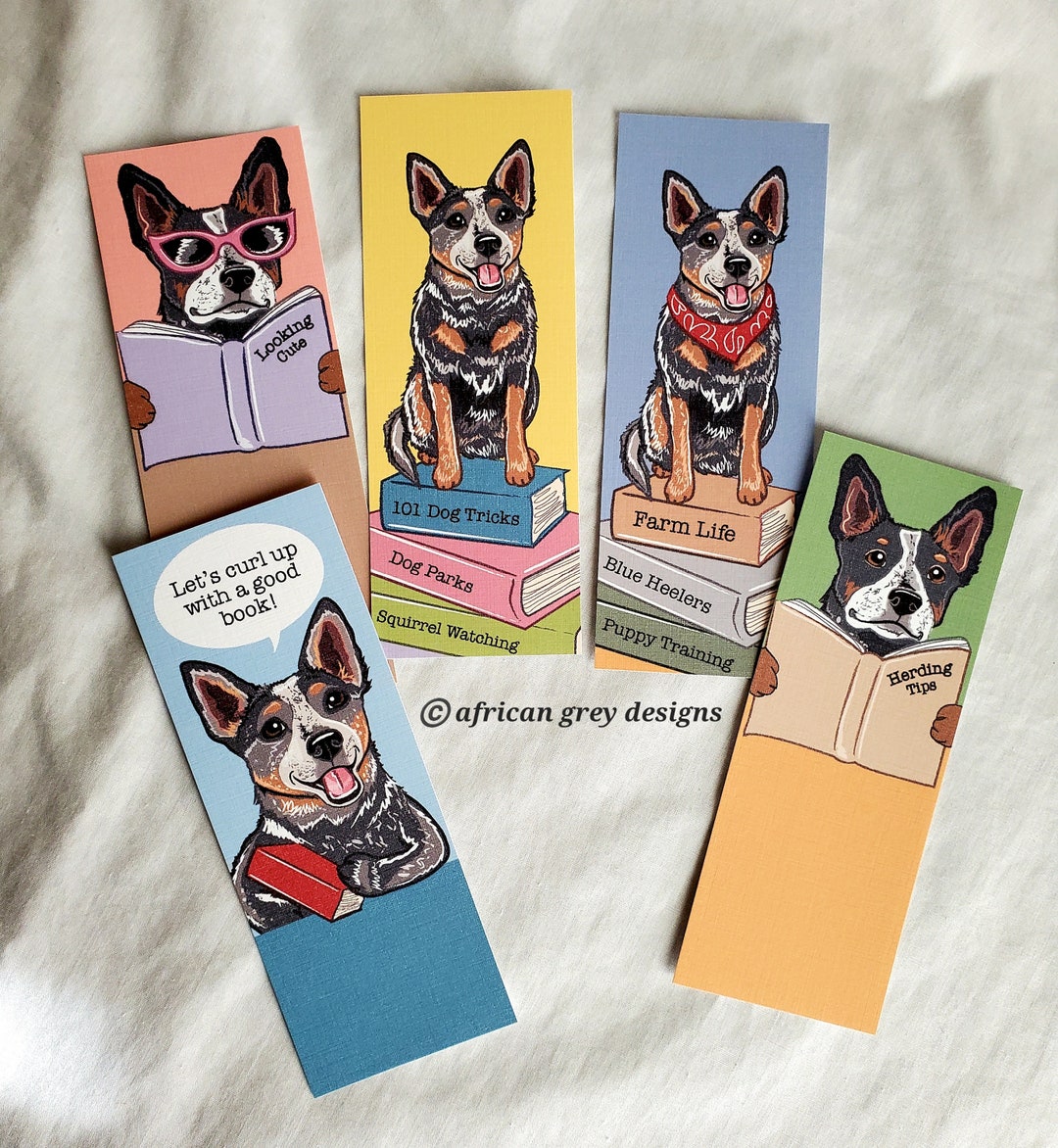Bookworm Blue Heeler Bookmarks - Eco-friendly Set of 5 on Recycled ...