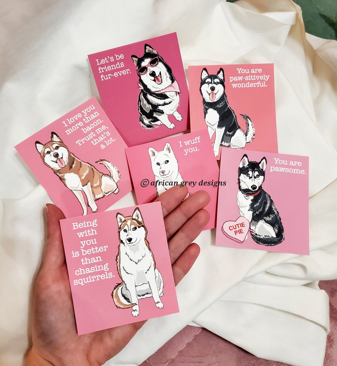 Husky Valentines - Mini Eco-friendly Set of 6 Printed on Recycled Linen ...
