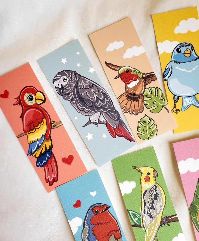 Mini Bird Bookmarks - Eco-friendly Set of 8 - Printed on Recycled Linen ...