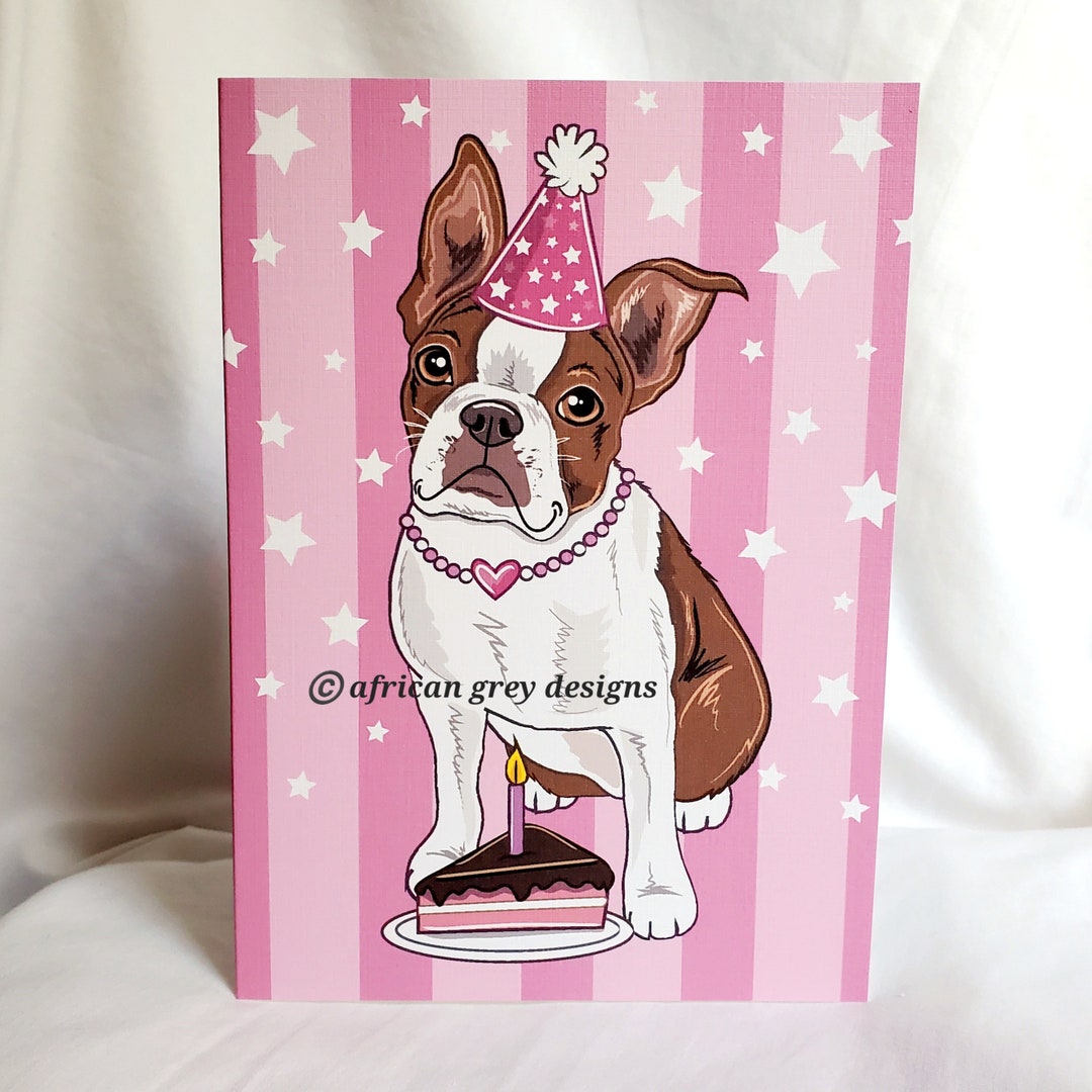 Pink Birthday Boston Terrier Greeting Card - Brown/red Boston - Etsy