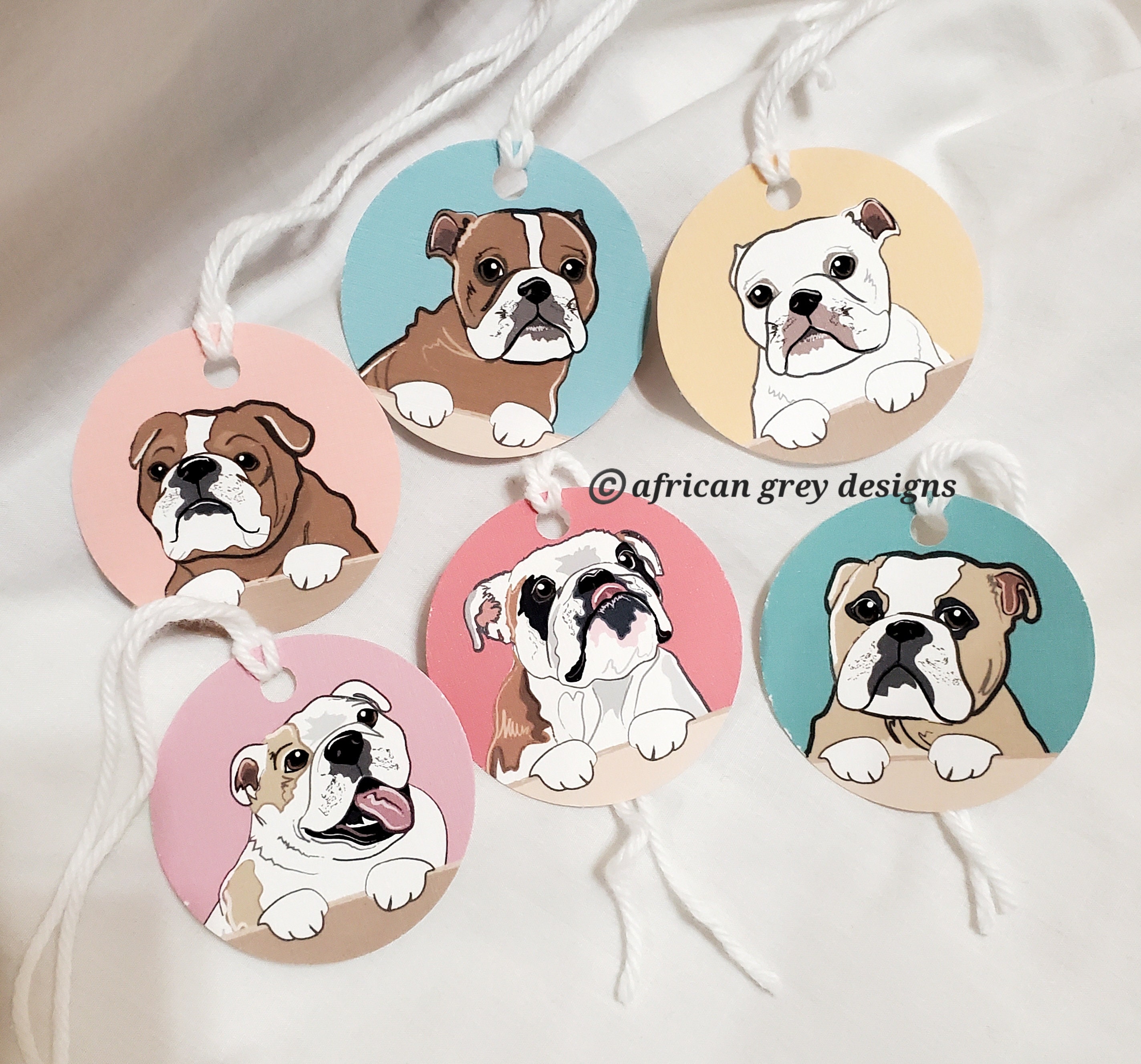 Bulldog Gift Tags - Circles - Set of 6 - Printed on Recycled Linen ...