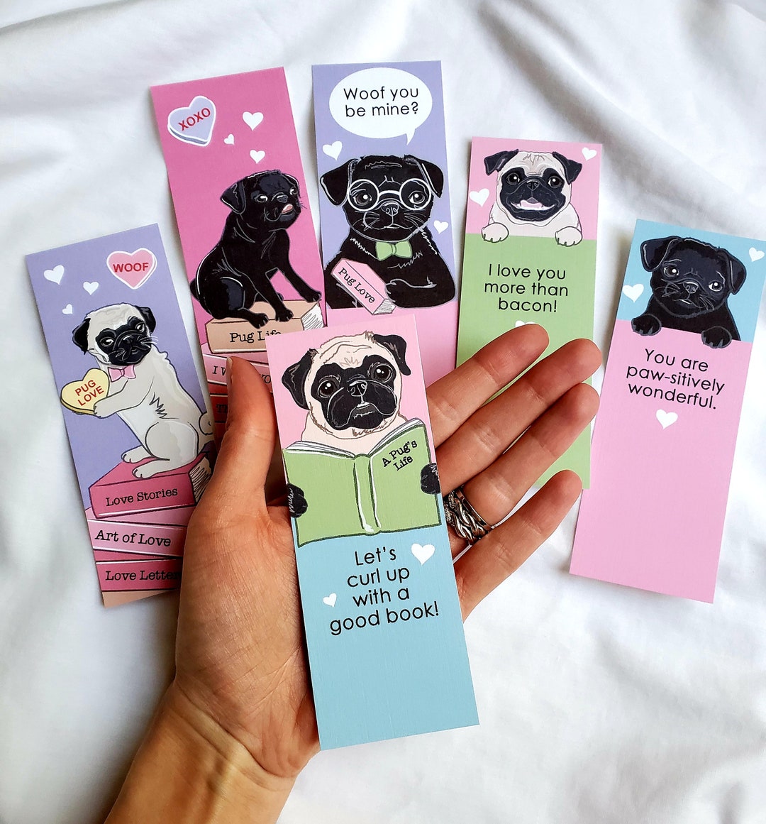 Valentine Pug Bookmarks Eco-friendly Set of 6 on Recycled Linen Paper ...