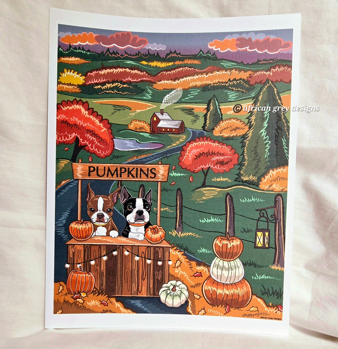 Pumpkin Boston Terriers in Fall Scenery - Eco-friendly 8x10 Print on ...
