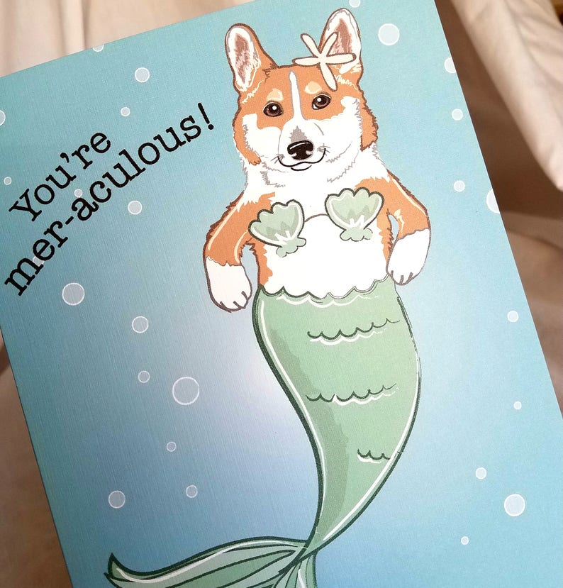 Mermaid Corgi Greeting Card | Etsy
