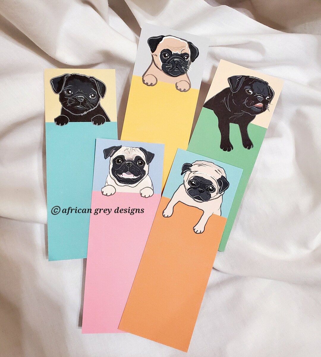 Pug Bookmarks - Eco-friendly Set of 5 Printed on Recycled Linen Paper ...