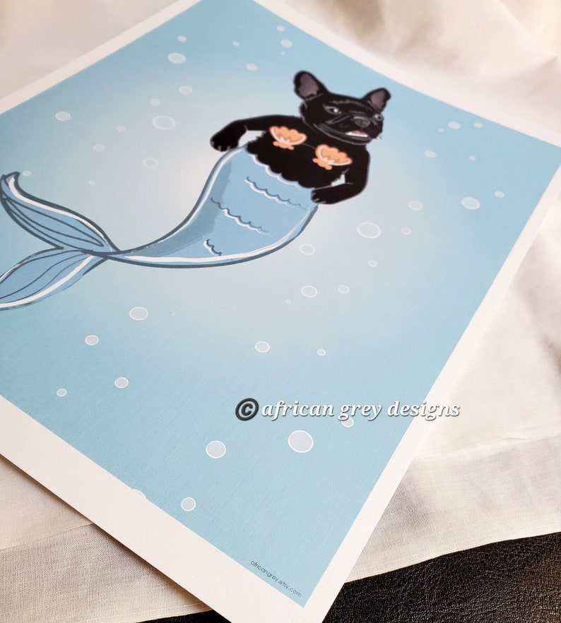 French Bulldog Mermaid - Eco-friendly 8x10 Print on Recycled Linen ...
