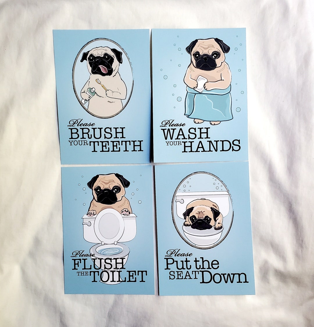 Fawn Pug Bathroom Prints - 5x7 Eco-friendly Set of 4 Printed on ...