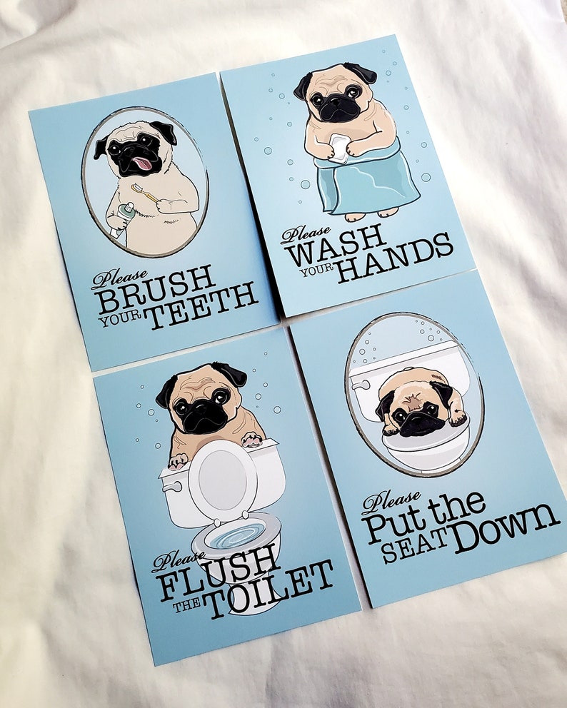 Fawn Pug Bathroom Prints 5x7 Eco-friendly Set of 4 | Etsy