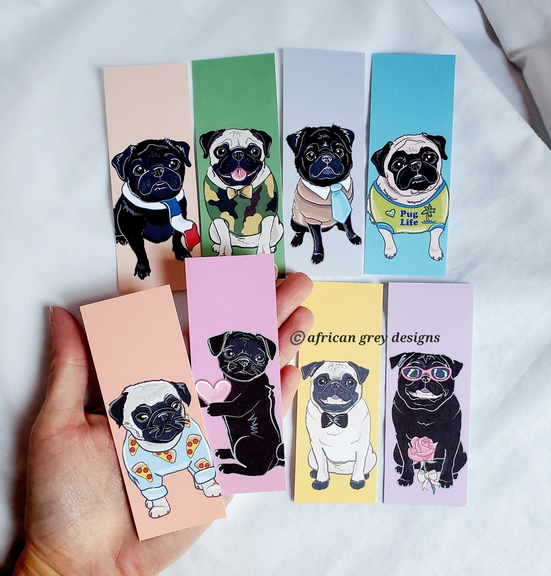 Mini Pug Bookmarks - Eco-friendly Set of 8 - Printed on Recycled Linen ...