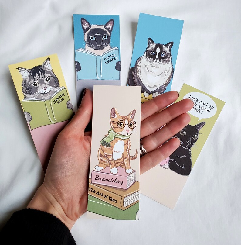 Bookworm Cat Bookmarks Eco-friendly Set of 5 on Recycled | Etsy