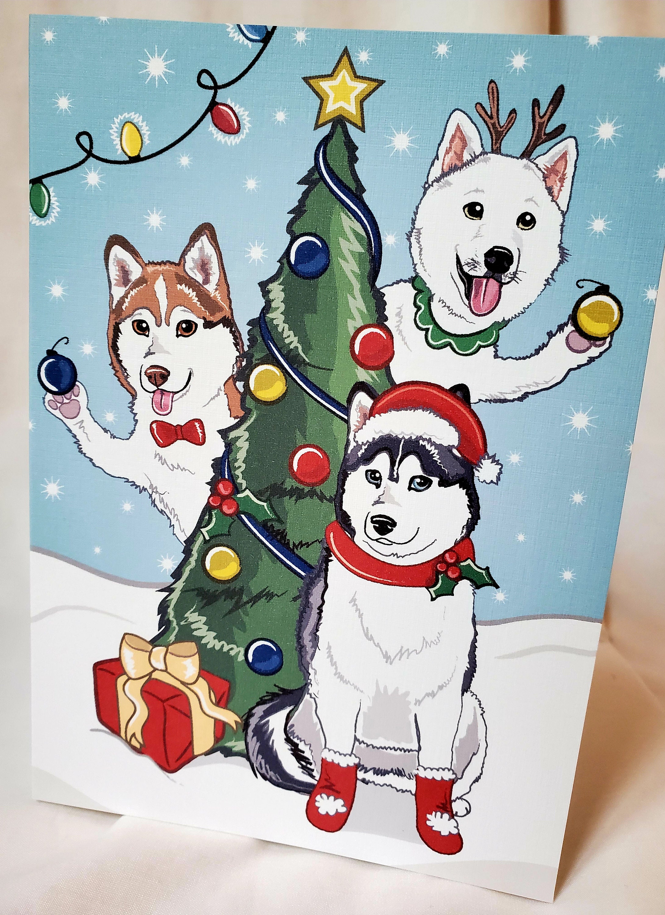 Christmas Tree Huskies Greeting Card | Etsy