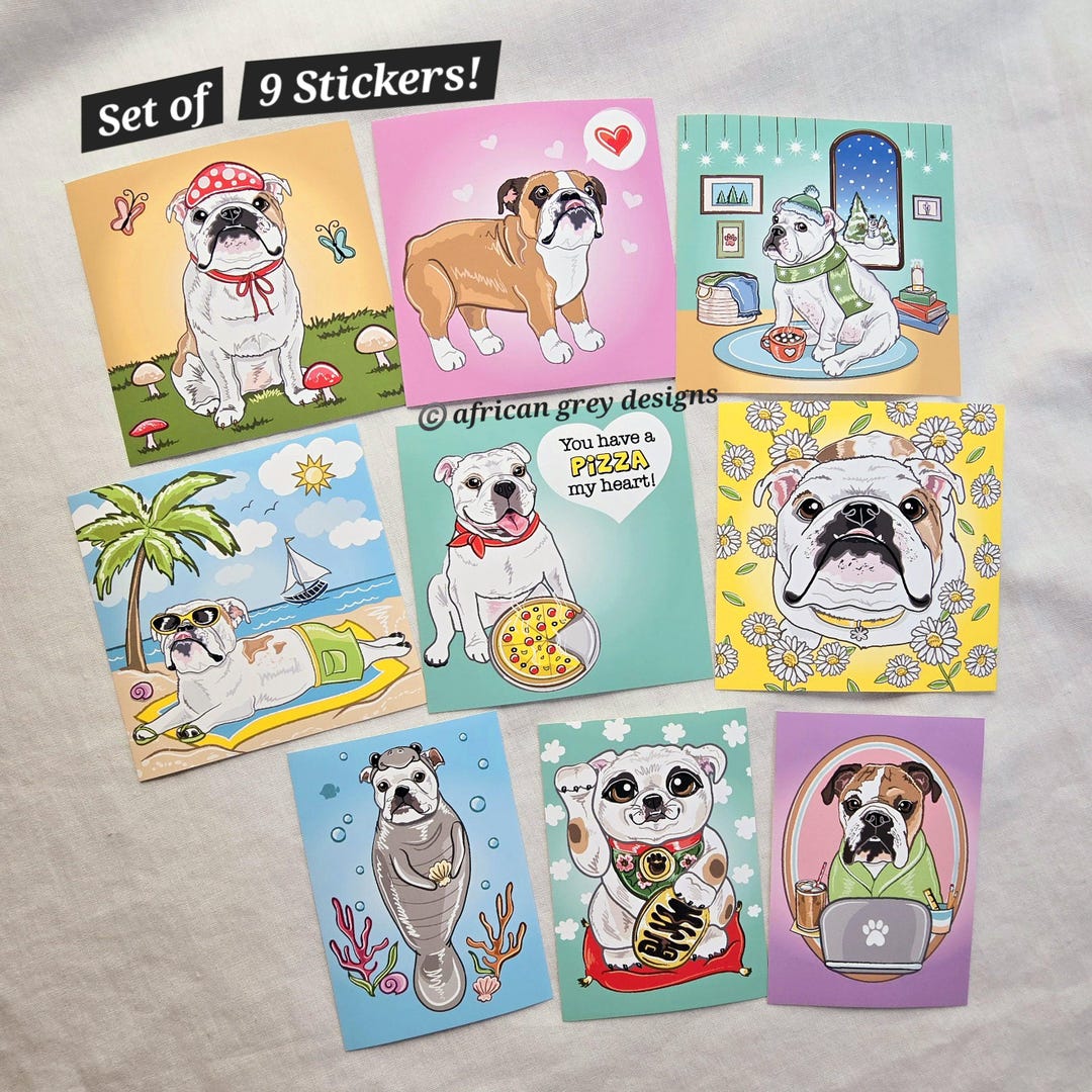English Bulldog Sticker Collection - Set of 9 Stickers - Matte Finish ...