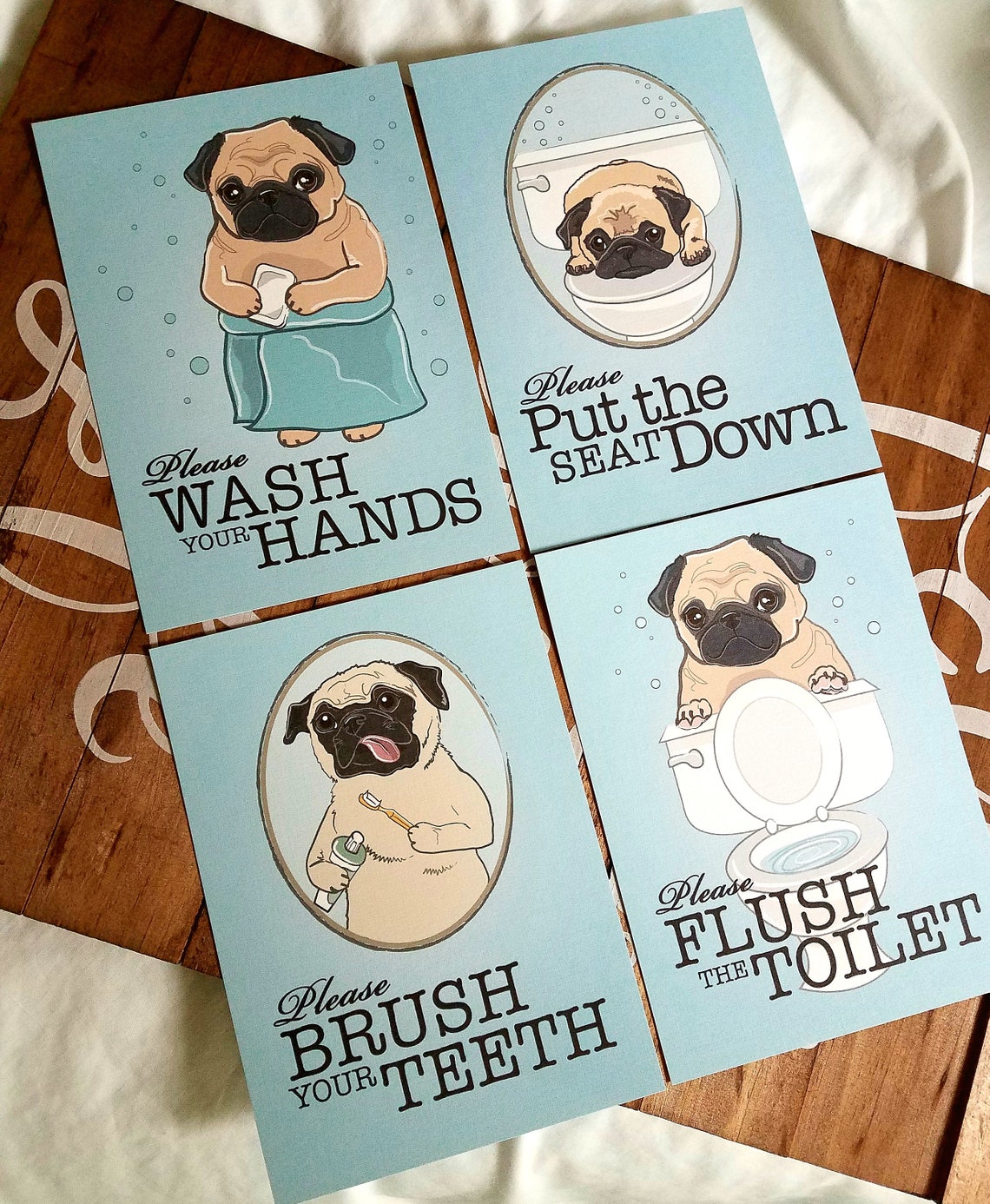 Fawn Pug Bathroom Prints 5x7 Eco-friendly Set of 4 | Etsy