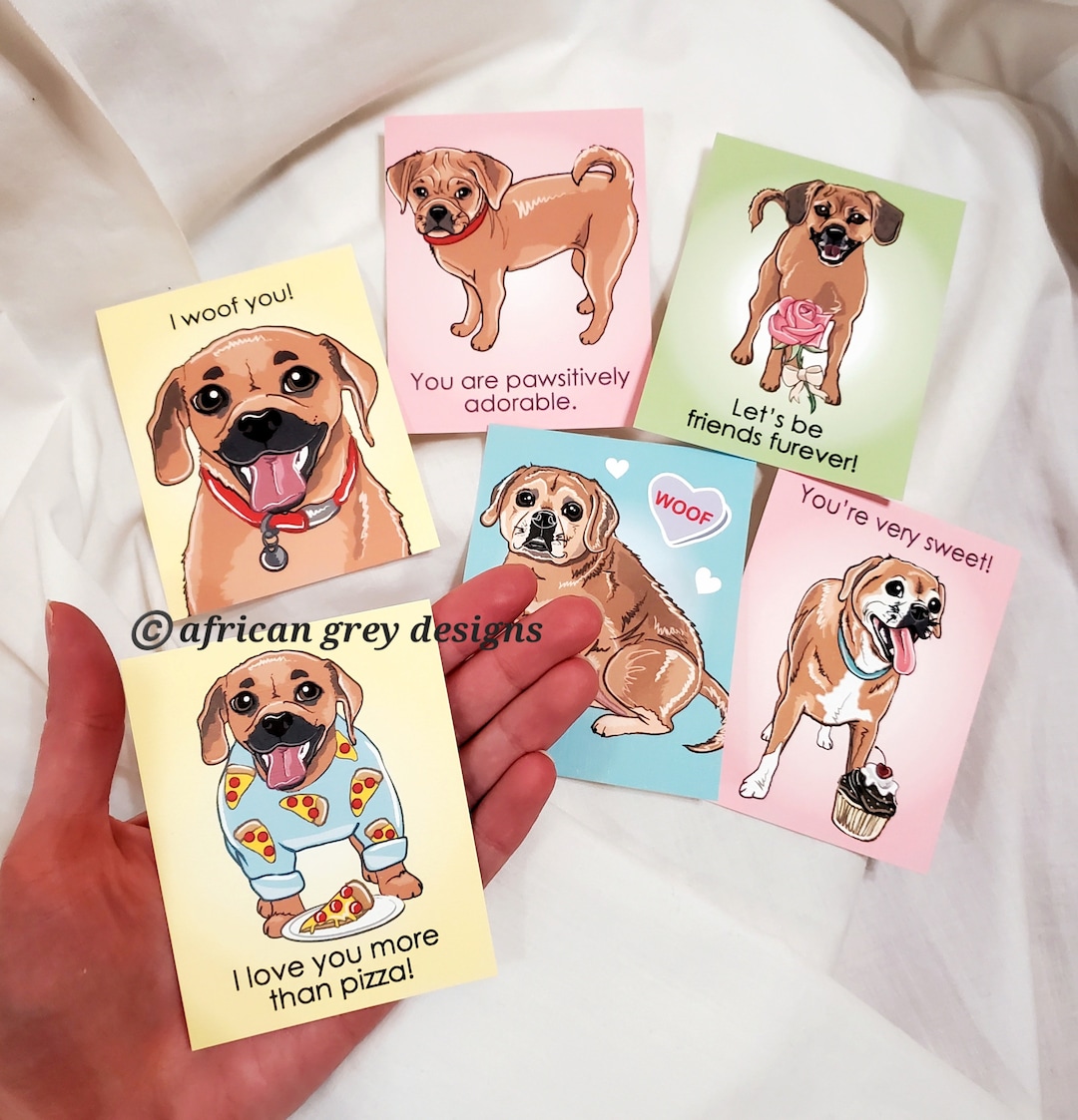 Puggle Valentine Cards - Mini Eco-friendly Set of 6 - Printed on ...