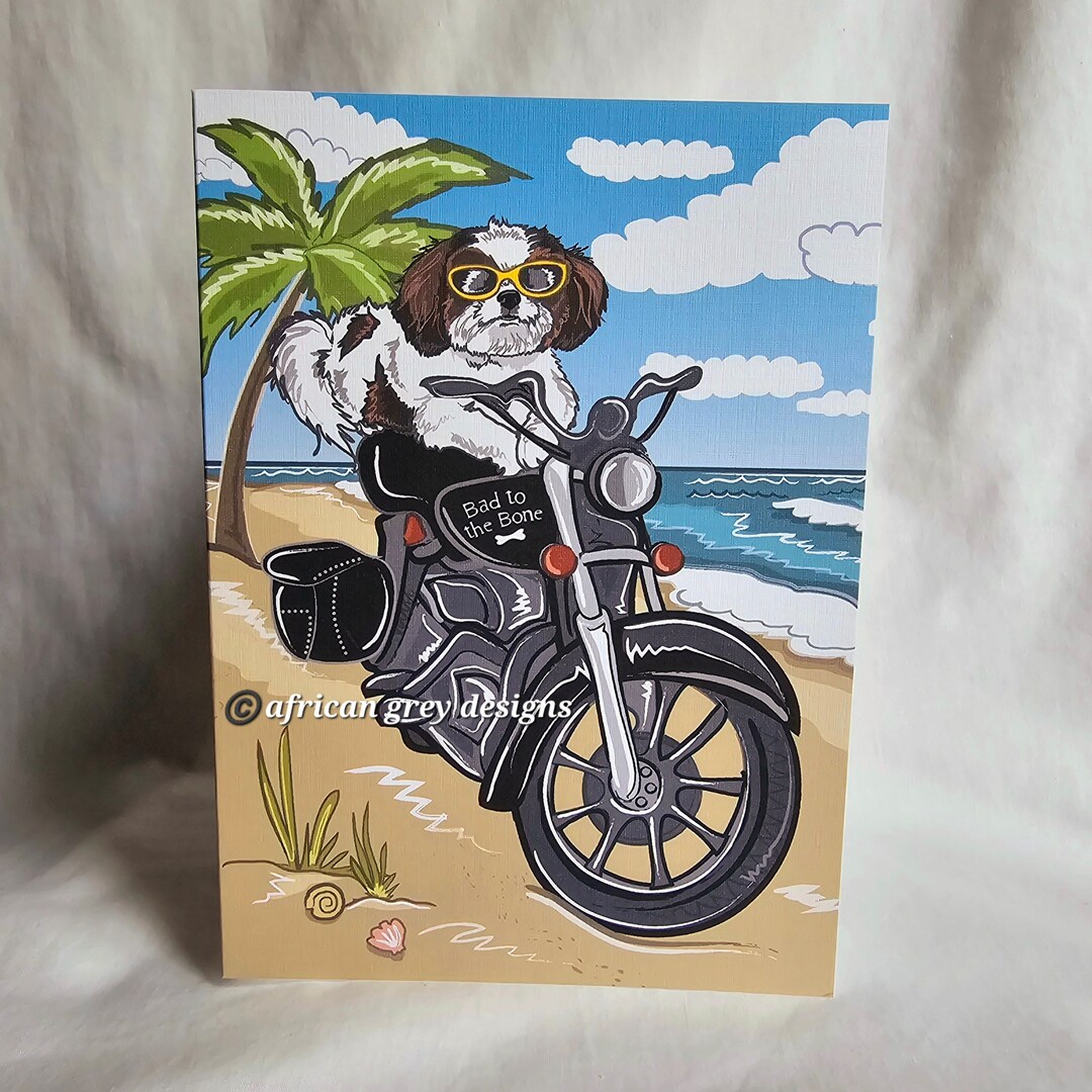 Motorcycle Shih Tzu Greeting Card - Beach Background - Etsy