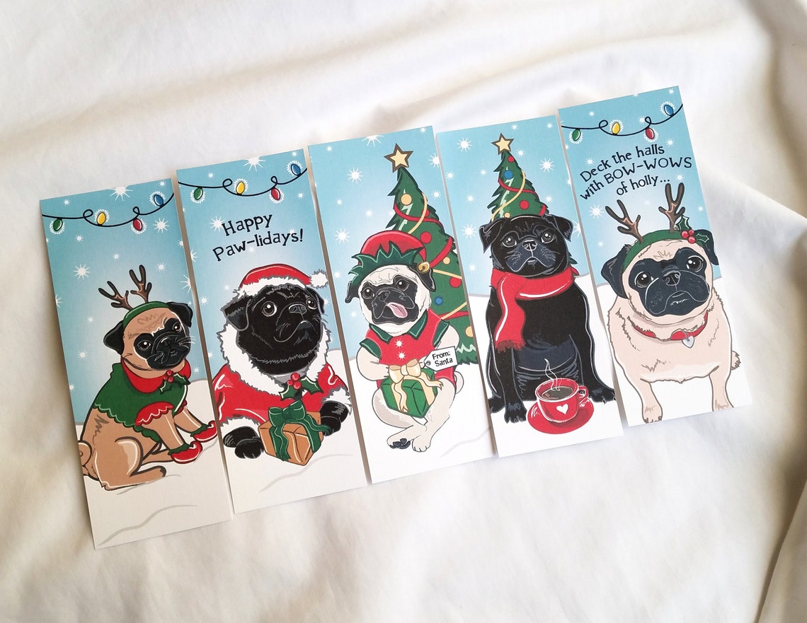 Christmas Pug Bookmarks Eco-friendly Set of 5 Printed on - Etsy