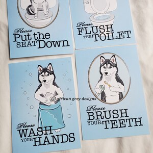 Siberian Husky Bathroom Prints - 5x7 Set of 4 Printed on Recycled Linen ...