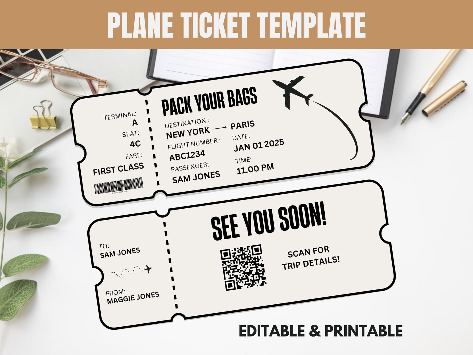 EDITABLE Plane Ticket Template, Customize Airline Boarding Pass ...