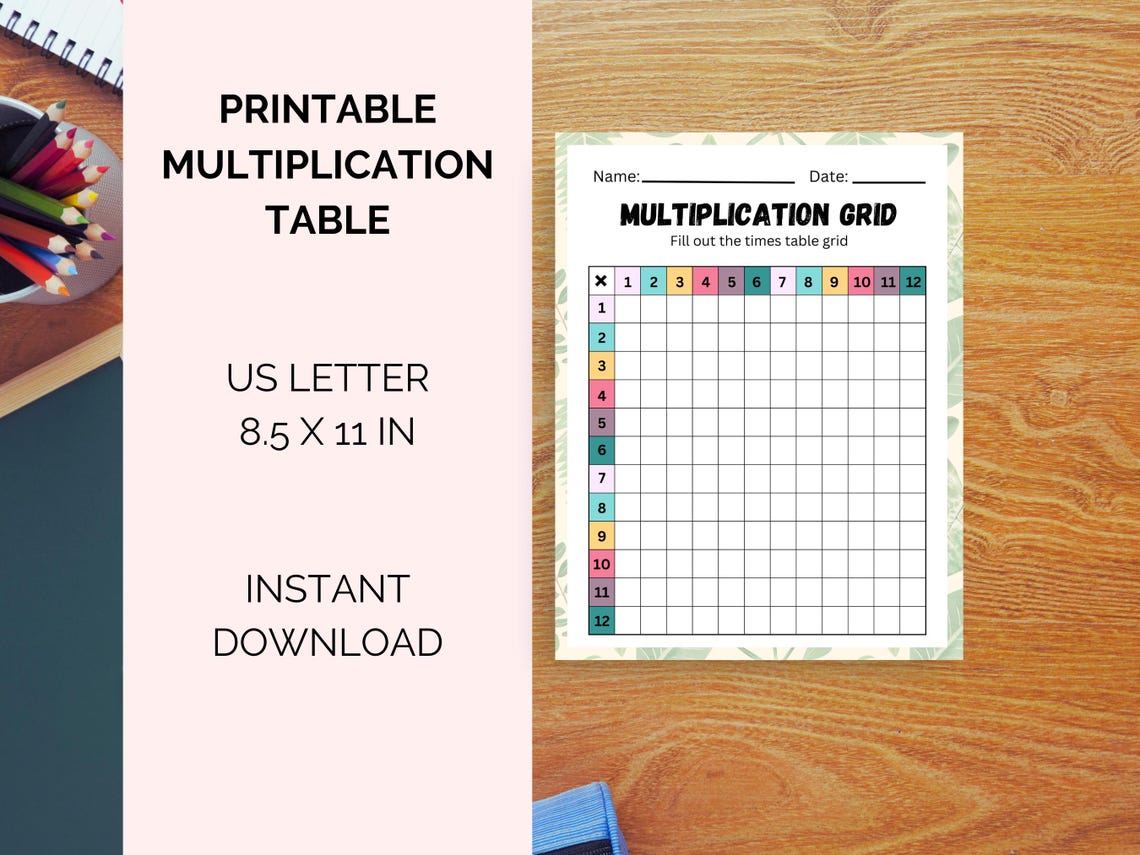 PRINTABLE Multiplication Worksheet, Colorful Times Table Chart, 1-12 ...