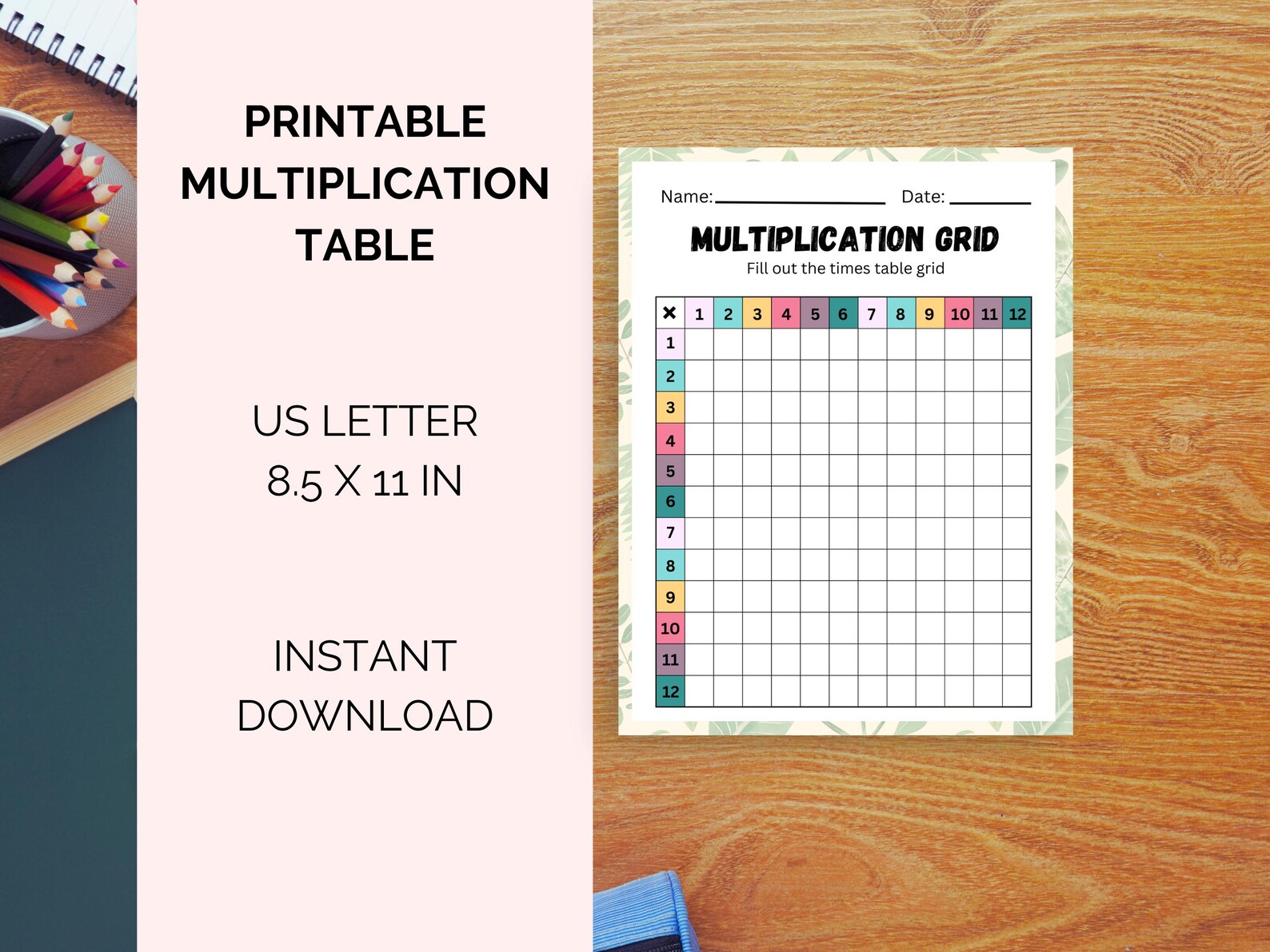 PRINTABLE Multiplication Worksheet, Colorful Times Table Chart, 1-12 ...