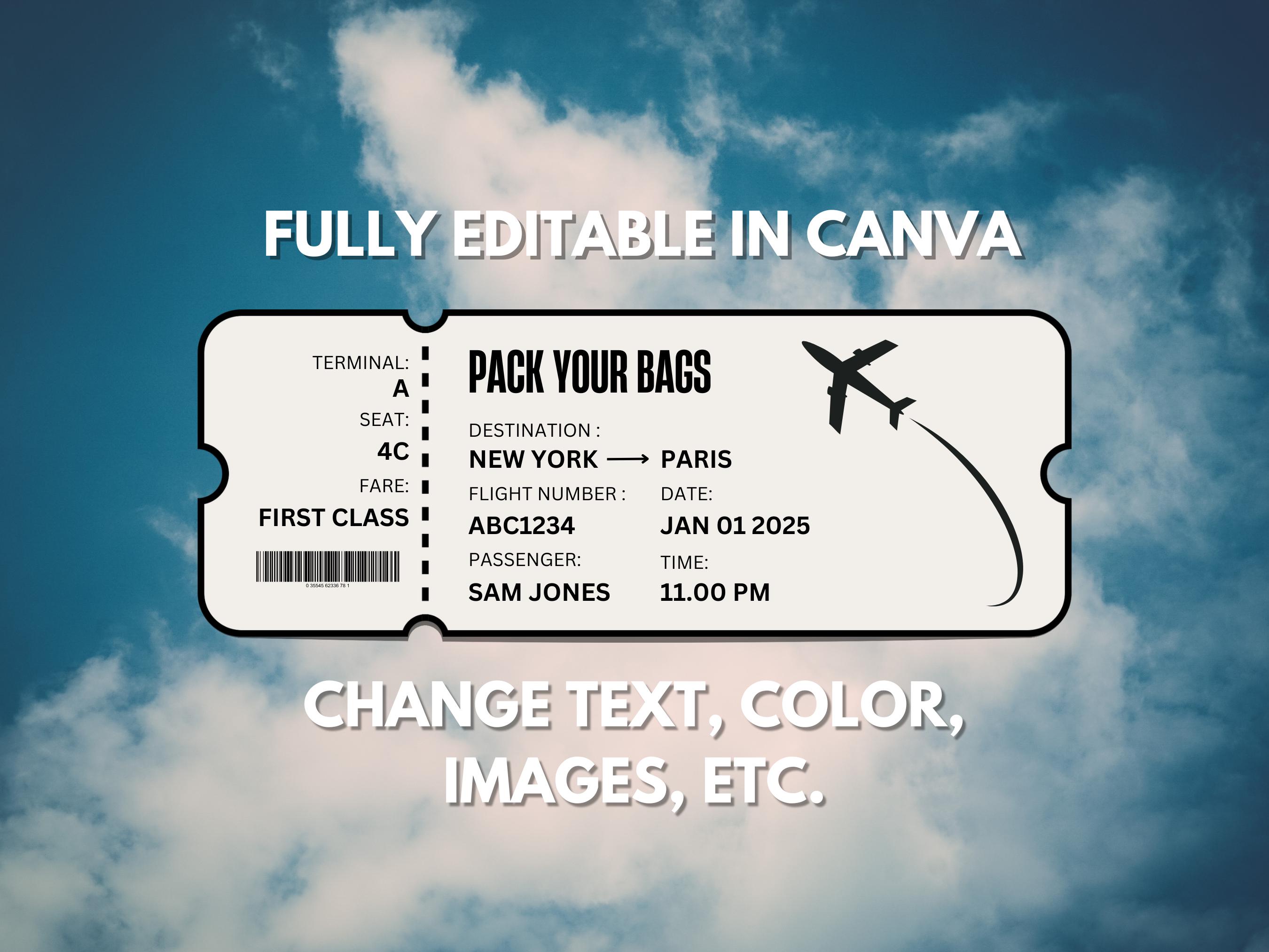 EDITABLE Plane Ticket Template, Customize Airline Boarding Pass ...