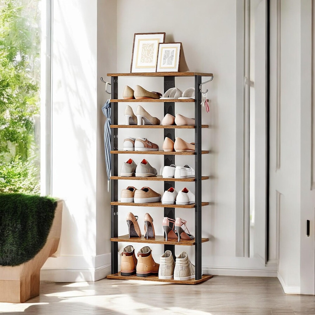Hoe Rack, 8 Tier Wooden Shoe Storage Organizer With Hooks, Narrow Shoe ...