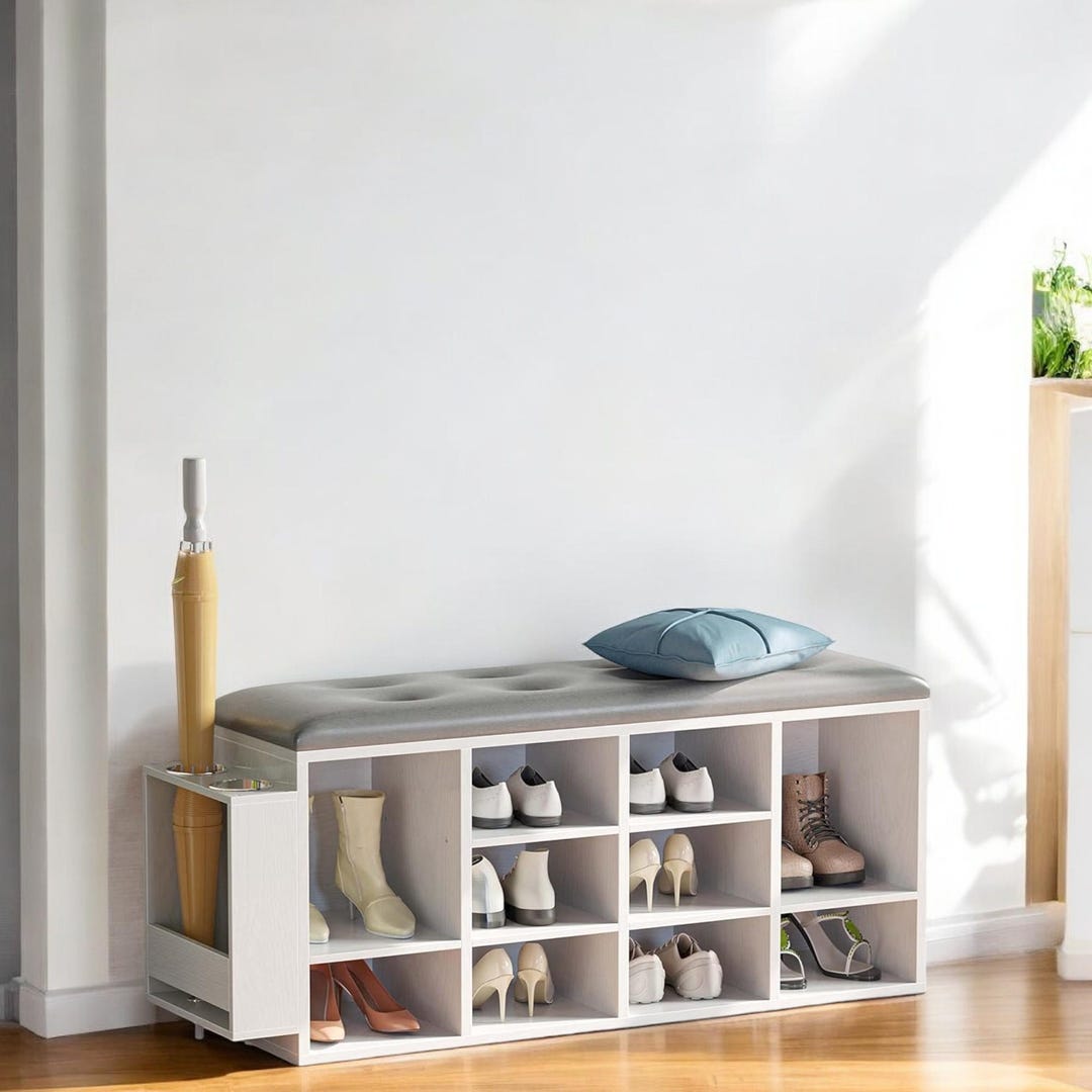 Shoe Bench, Ten Cubbies Storage Entryway Bench With PU Leather, Cubby ...