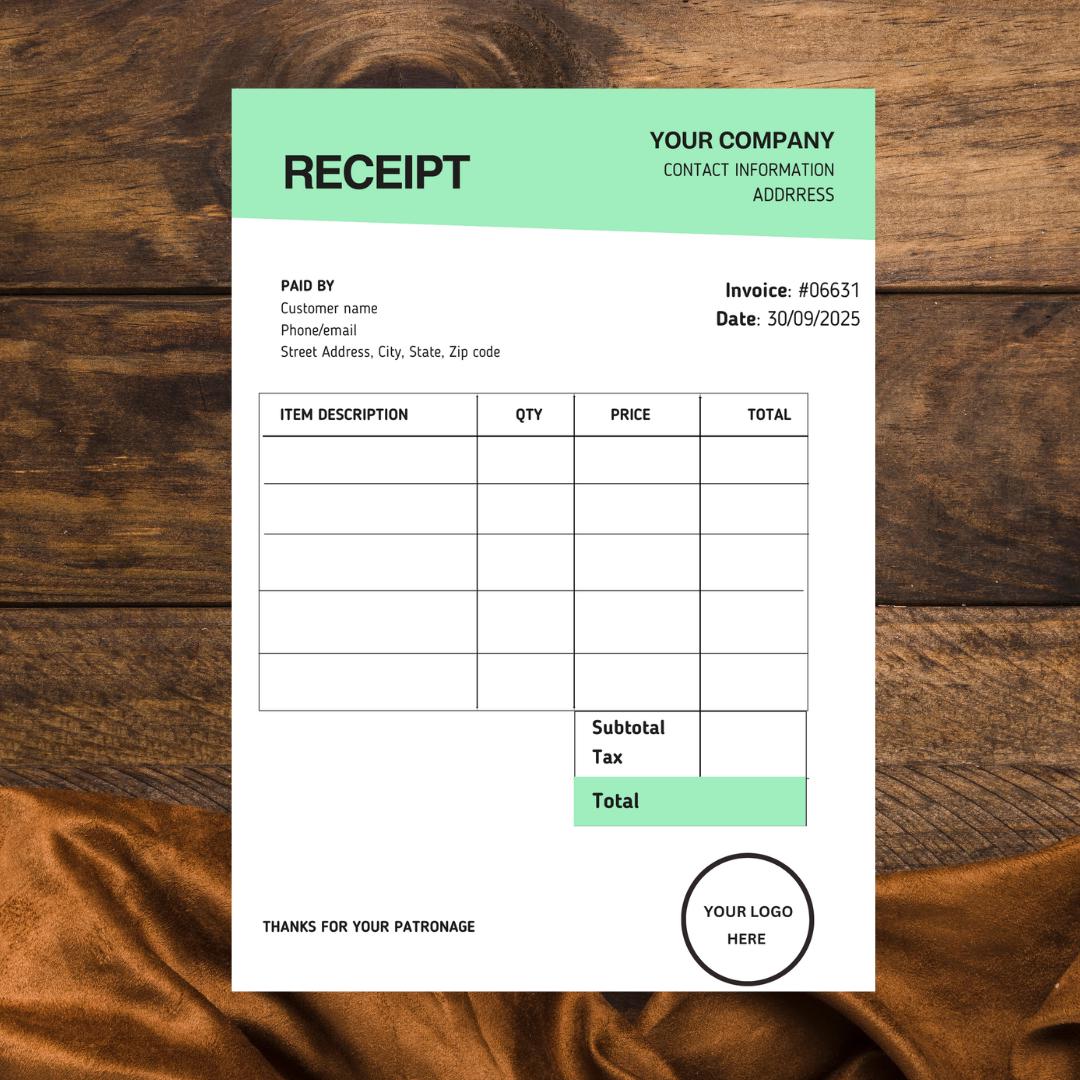 Modern Mint Green Receipt Template, Custom Invoice Template, Printable ...
