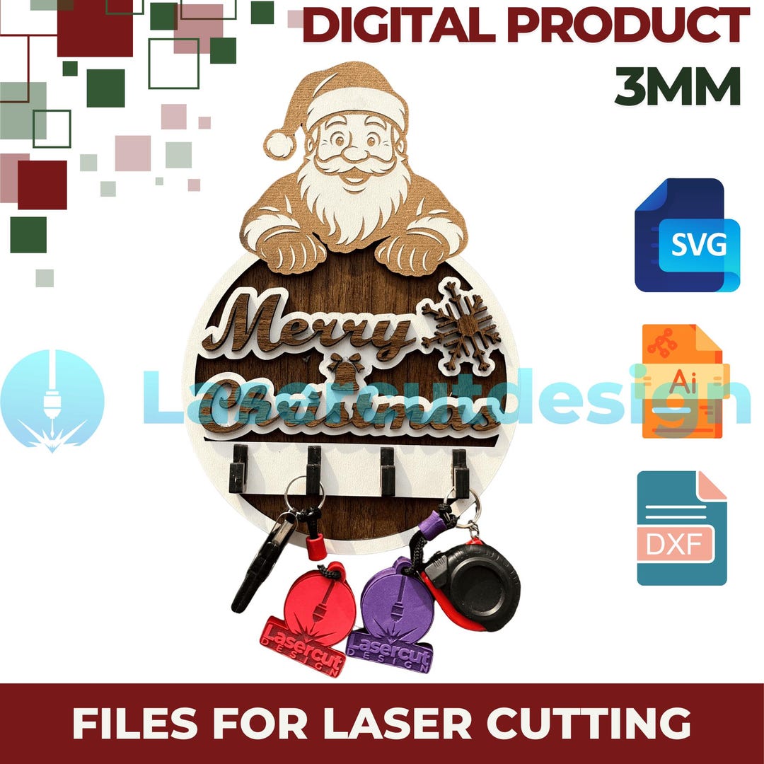Santa Claus Key Holder SVG | Christmas Wall Key Rack Laser Cut File ...