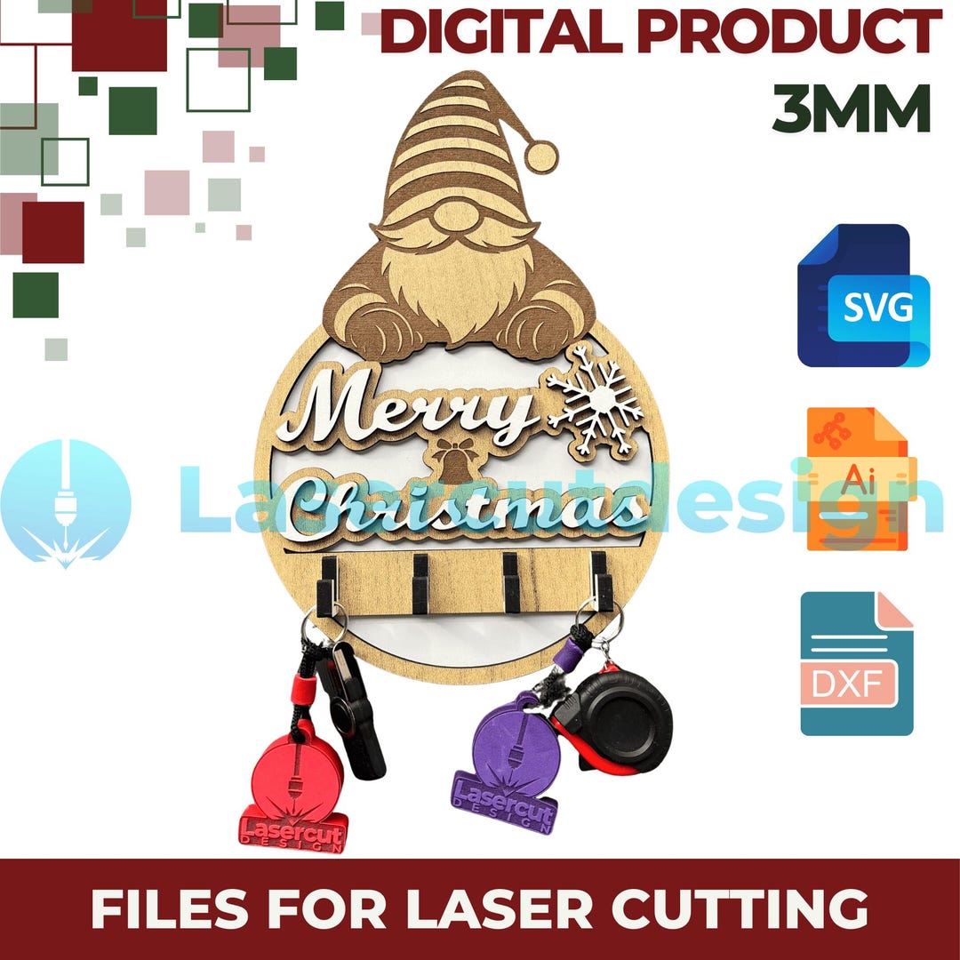 Gnome Christmas Key Holder | Holiday Wall Key Rack Laser Cut File | 3mm ...