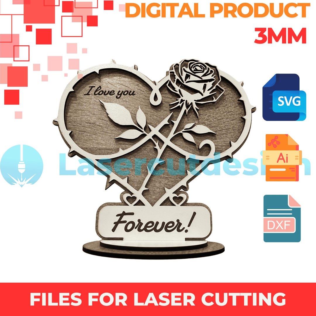 Heart-shaped Rose Laser Cut File: 3mm Wood, Acrylic (SVG, DXF, AI Files ...