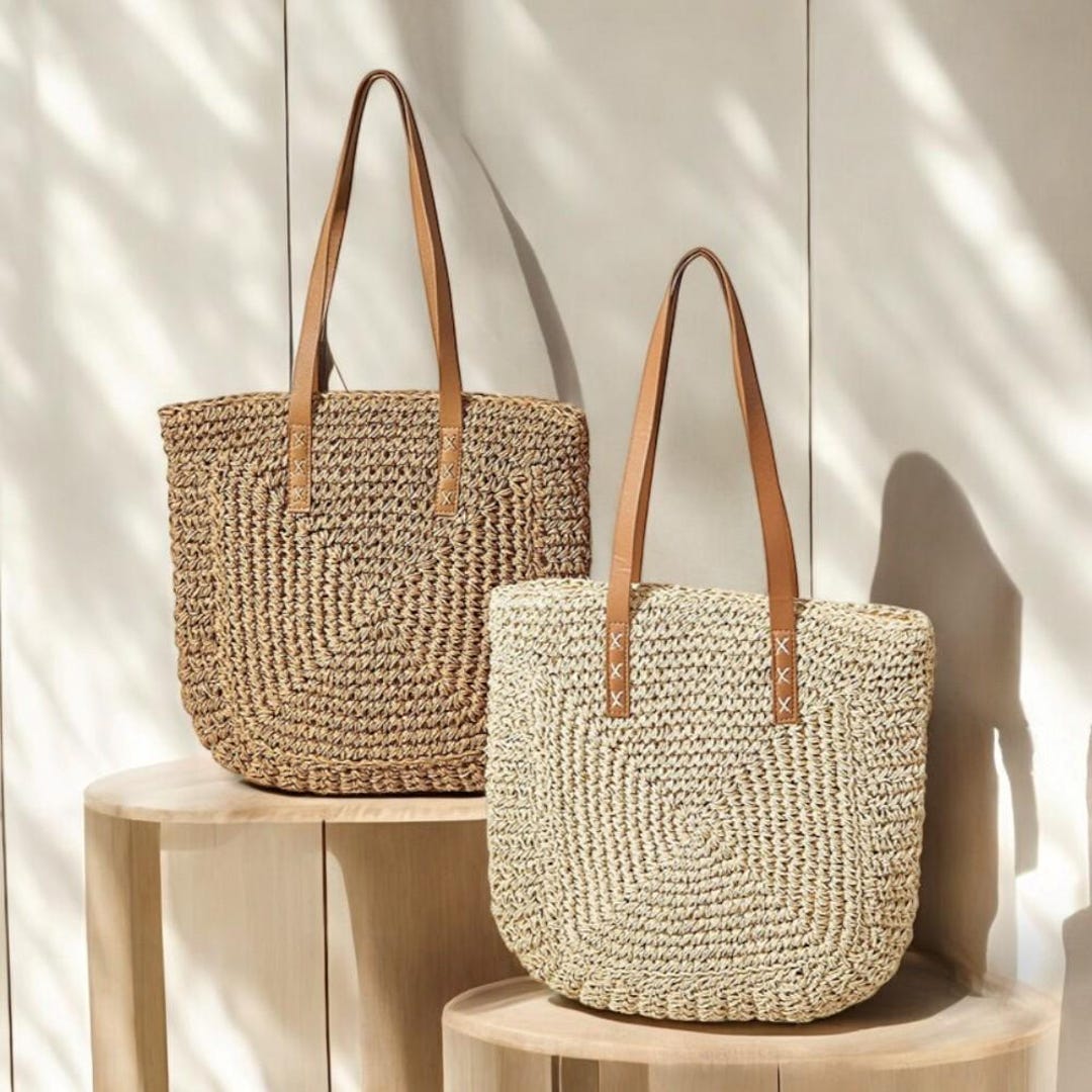 Square Boho Tote Bag, Woven Straw Shoulder Bag, Large Summer Bag ...
