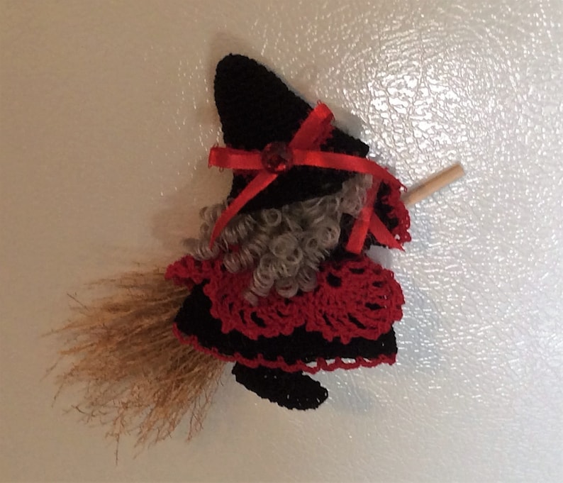 Red and Black Crocheted Kitchen Witch Broom Doll Fridgie - Etsy