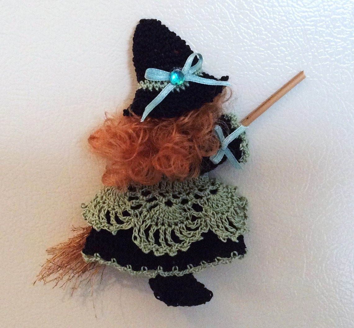 Green and Black Crocheted Kitchen Witch Broom Doll Fridgie - Etsy