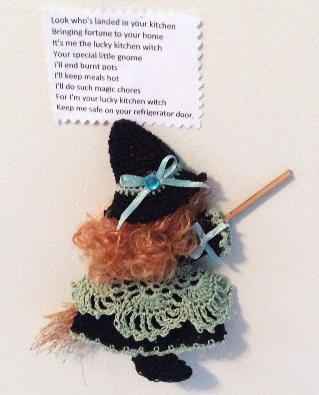 Green and Black Crocheted Kitchen Witch Broom Doll Fridgie - Etsy