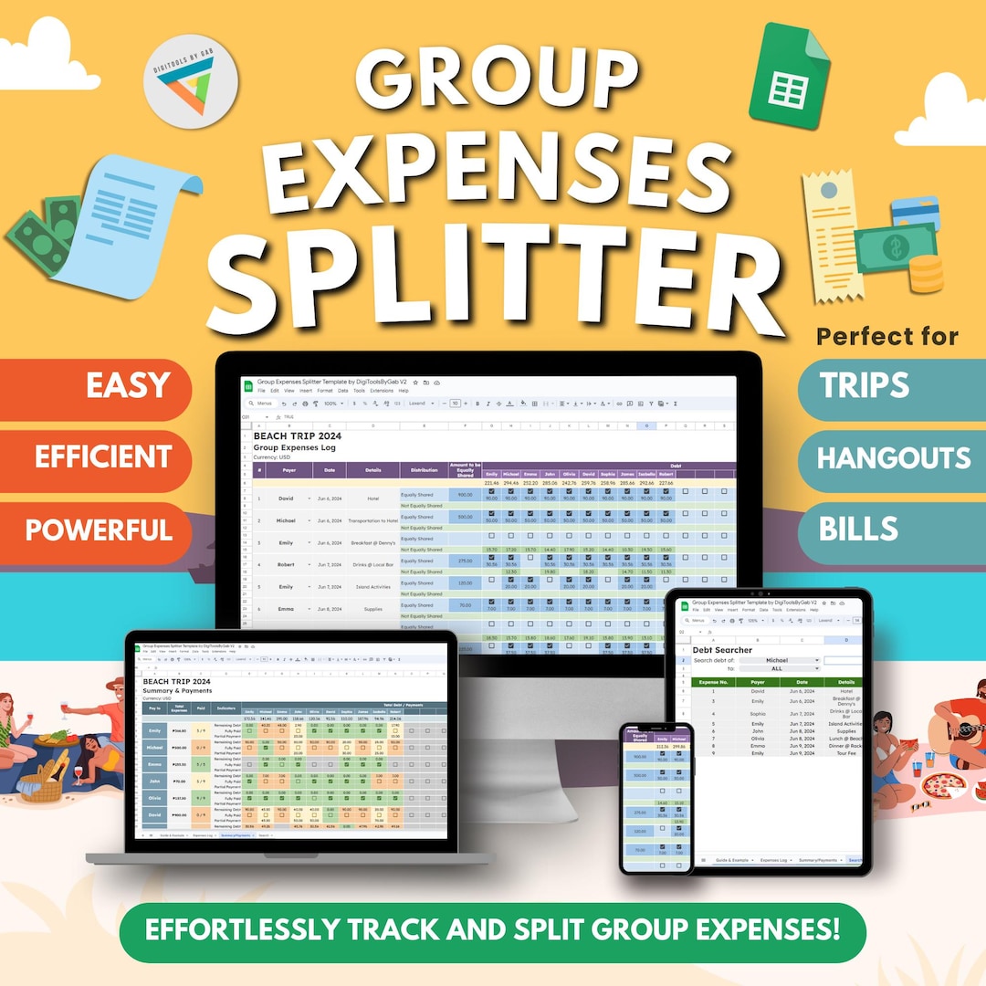 Group Expense Splitter Template | Simplify Shared Costs | Debt Calculator | Family Friends ...