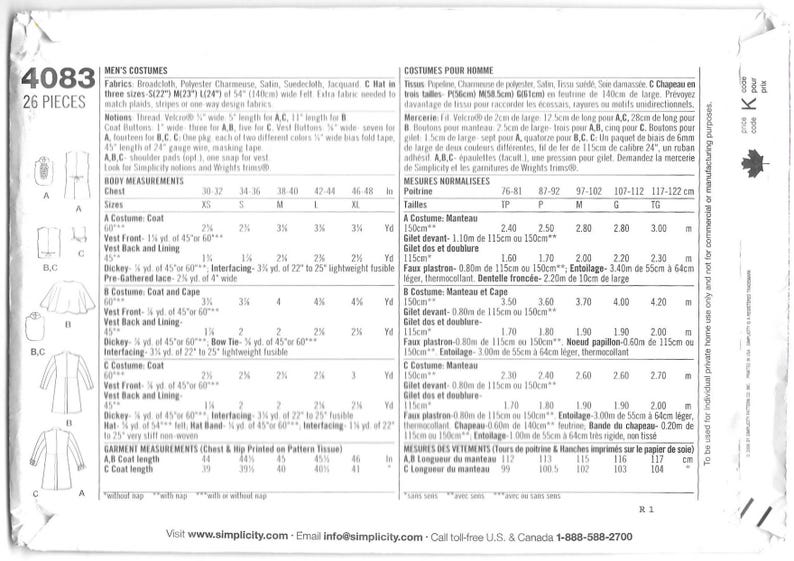 Simplicity 4083 Sewing Pattern Men’s Costume Coat, Vest, Cape, Hat and ...