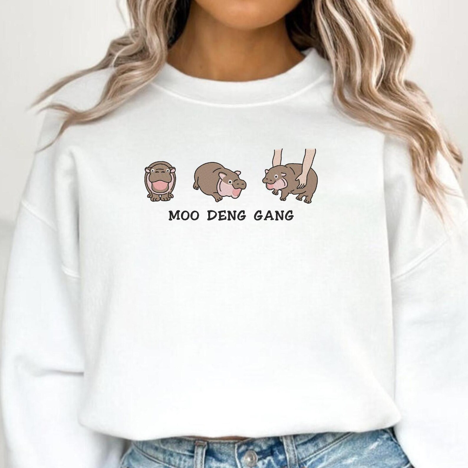 Embroidered Moo Deng Gang Sweatshirt, Baby Moo Deng Shirt, Hippo Lover ...