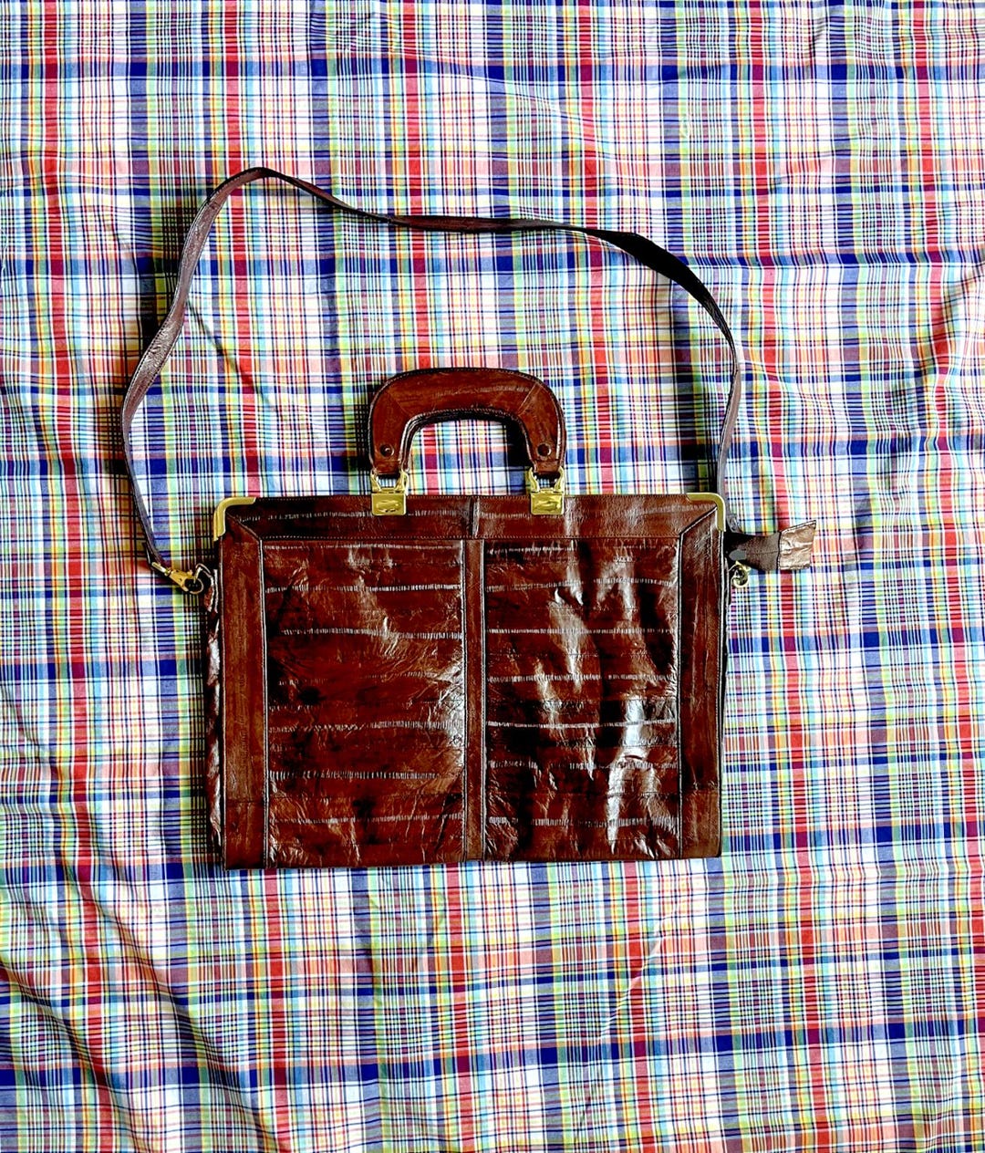 80s Brown Eelskin Leather Briefcase Crossbody Bag Purse Office Laptop ...