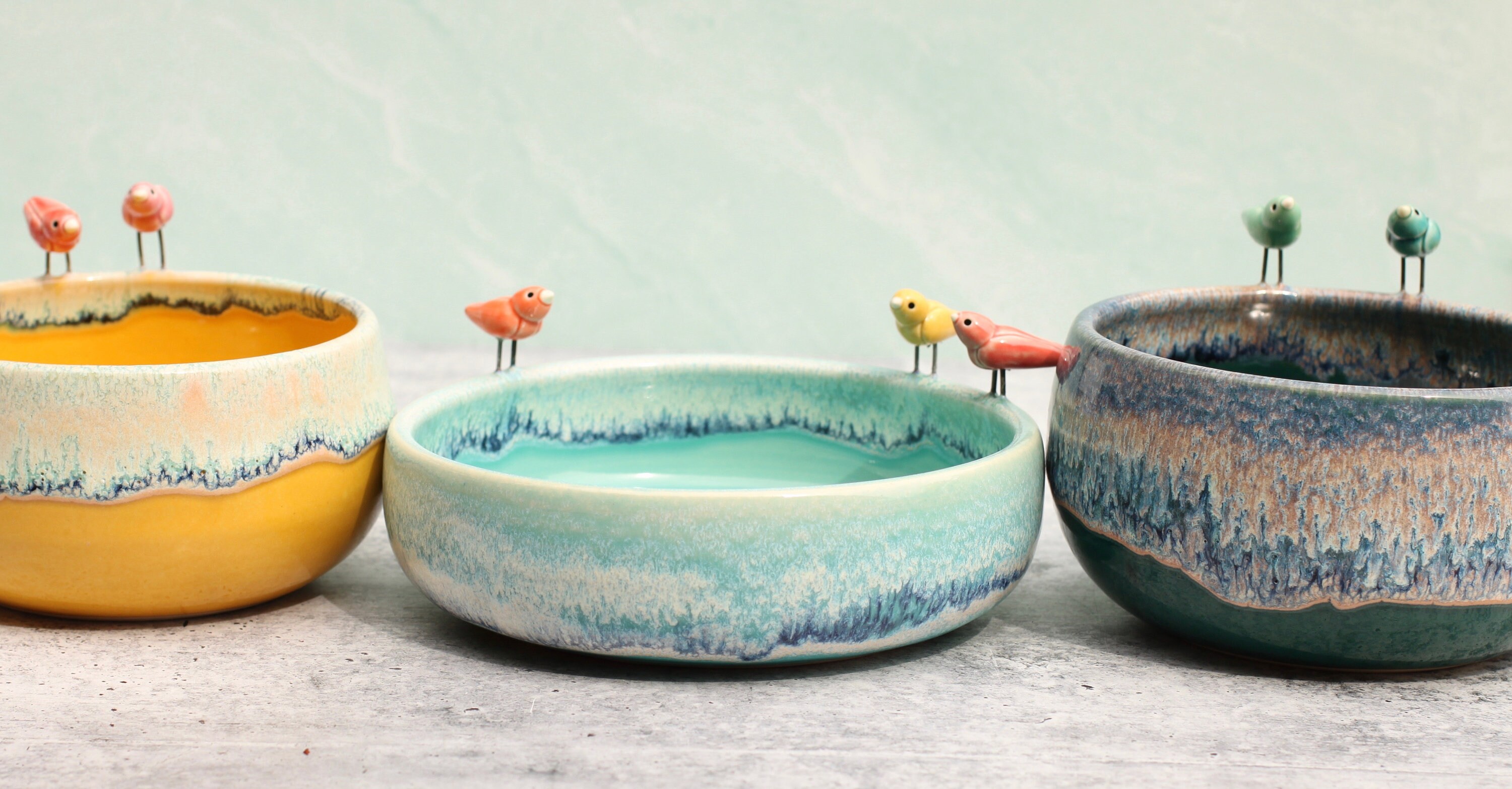 handmade bird bowl // bird bowl // unique bowl // cream and aqua ...