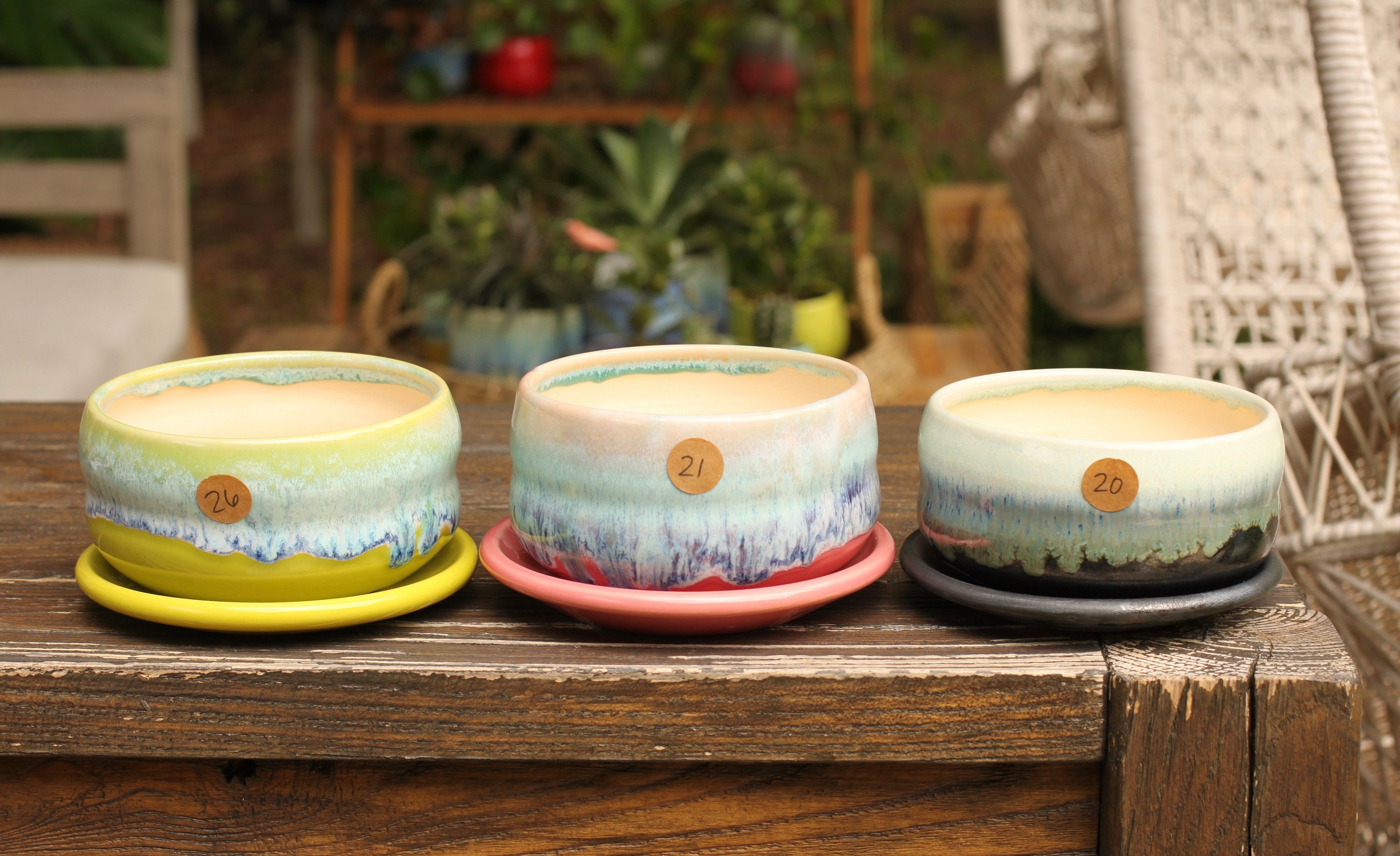 shallow ceramic planter with coaster// boho planter // succulent pot ...