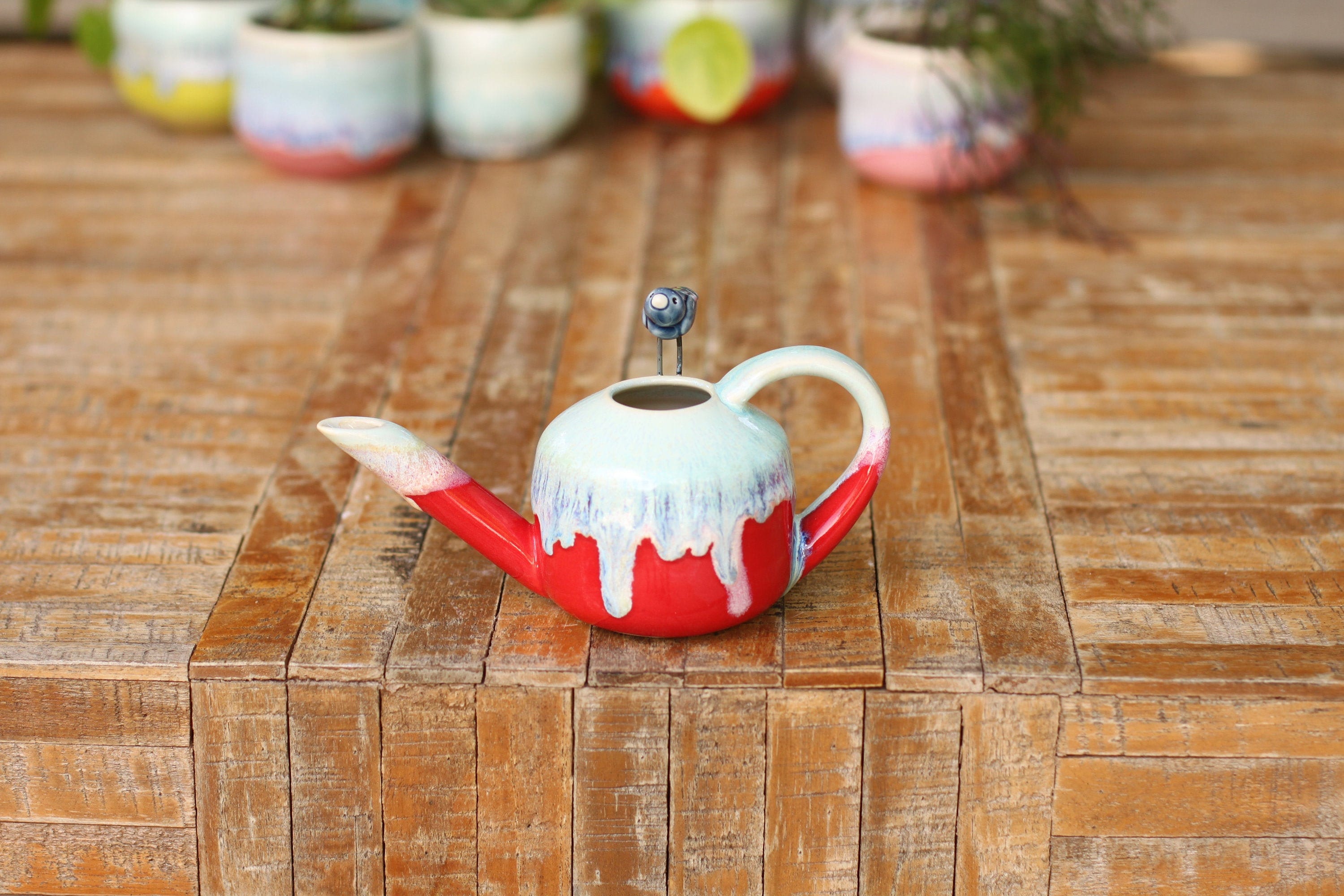 mini watering can with blue bird #30// small water pitcher // gardener gift