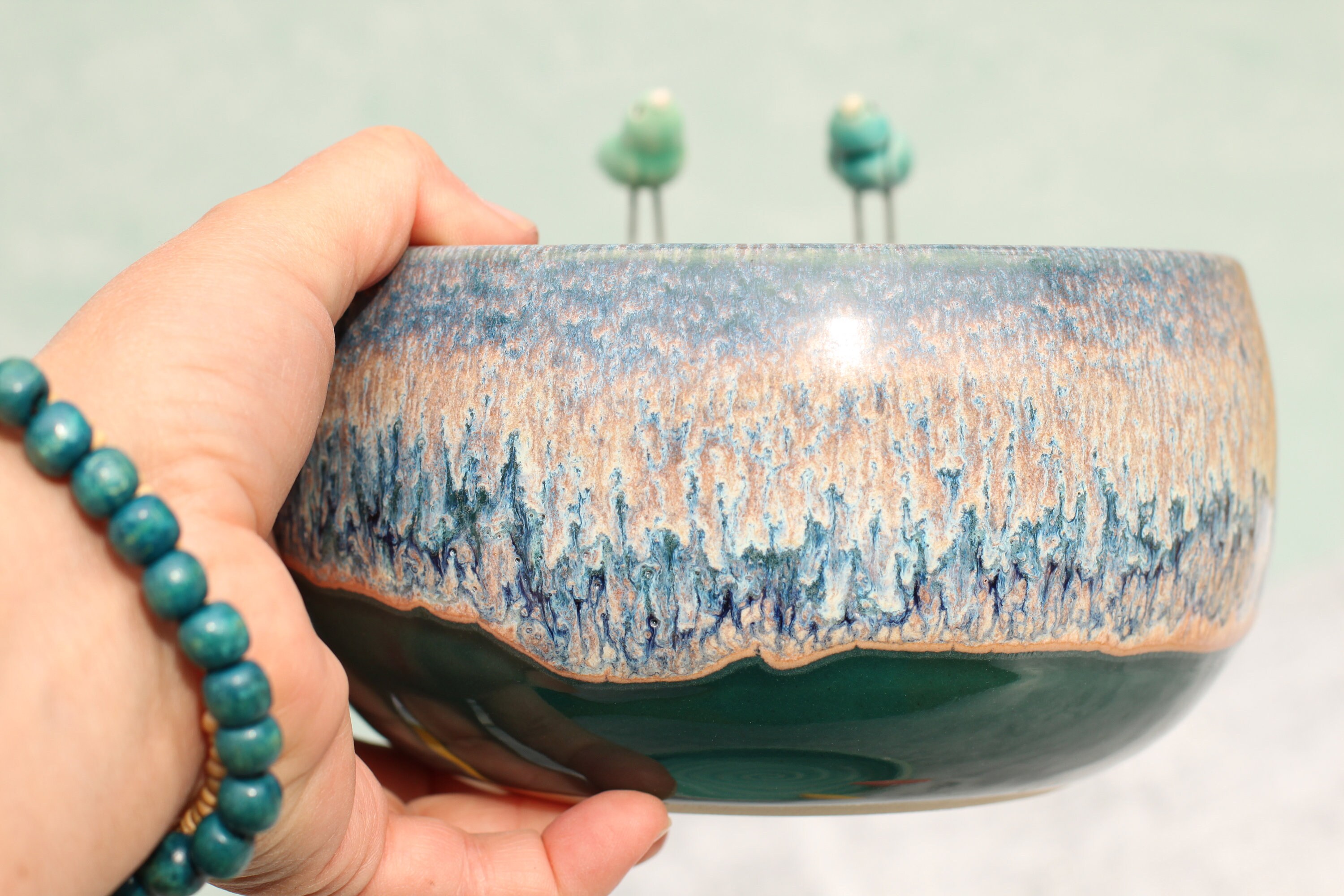 handmade bird bowl // bird bowl // unique bowl // cream and aqua ...