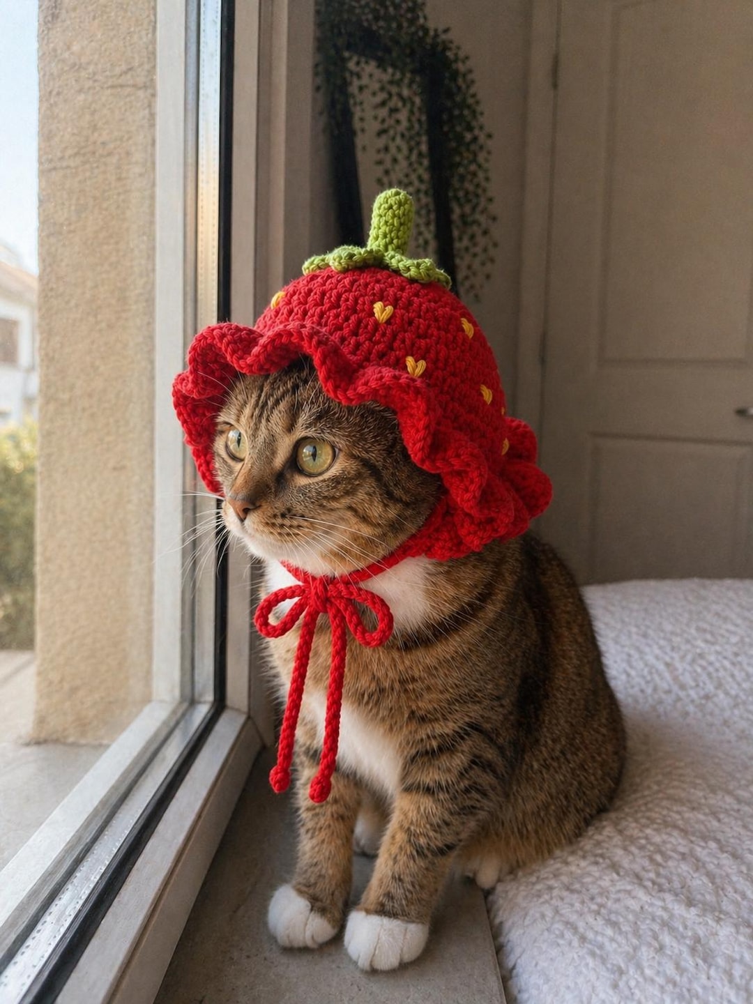 Crochet Strawberry Cat Hat, Handmade Pet Bonnet for Medium Large Cats ...