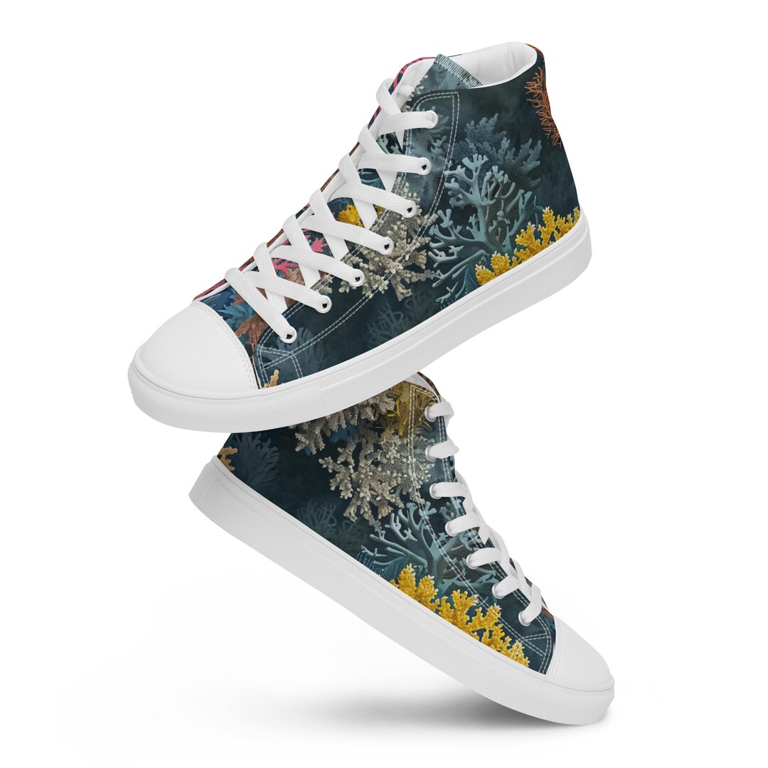 Women’s Caribbean Coral Print High Top Canvas Shoes, Shoe Gift for ...
