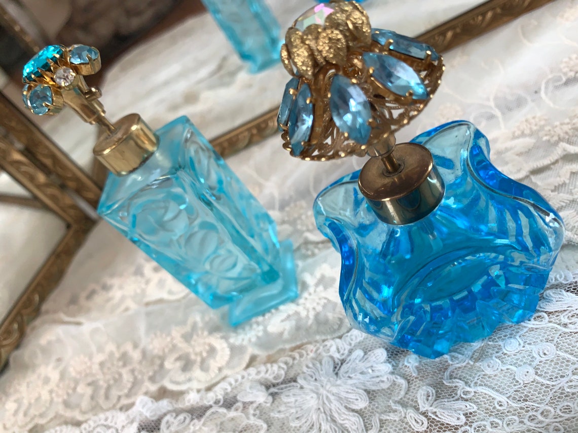 Vintage Pair Aqua Blue Perfume Bottles Vanity Boudoir Aqua | Etsy