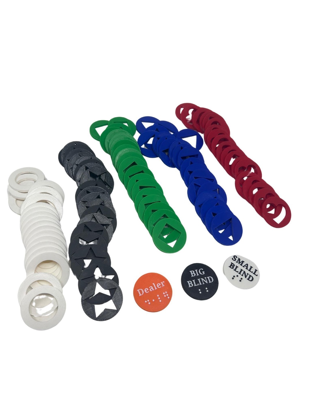 Tactile Poker Chips for the Blind or Low Vision, 100 Plastic Chips, Each Color a Different Shape ...