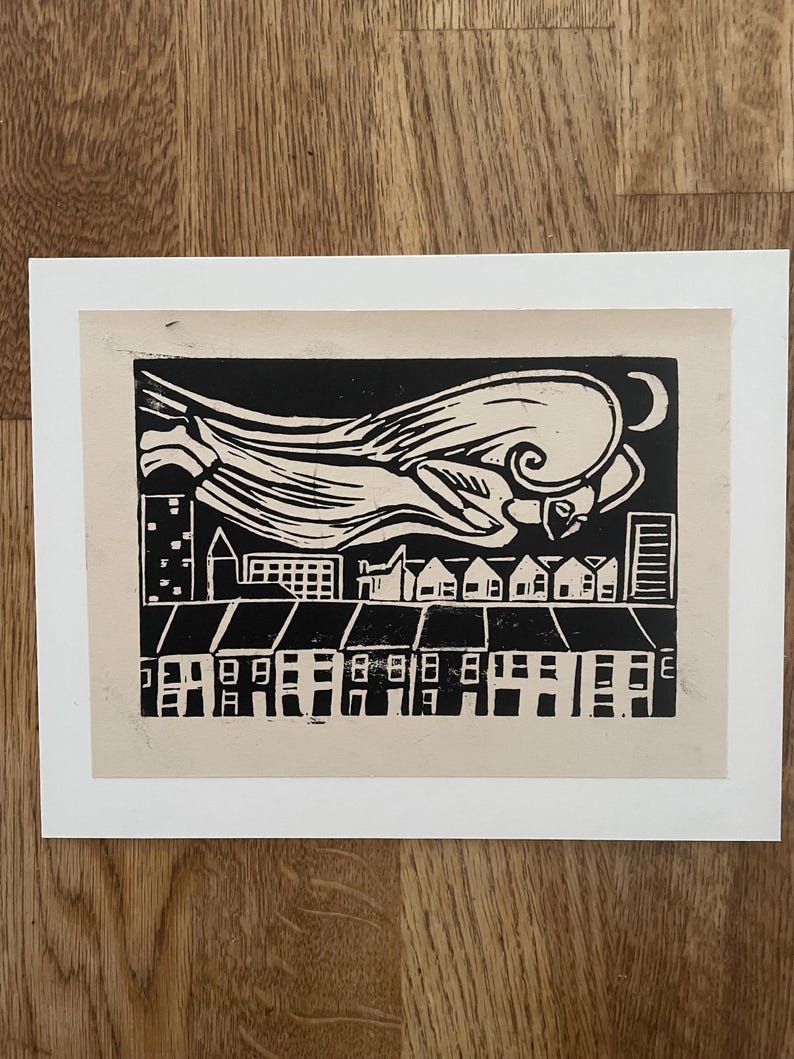 Angel Over the City - Linocut Print (mounted) - Etsy